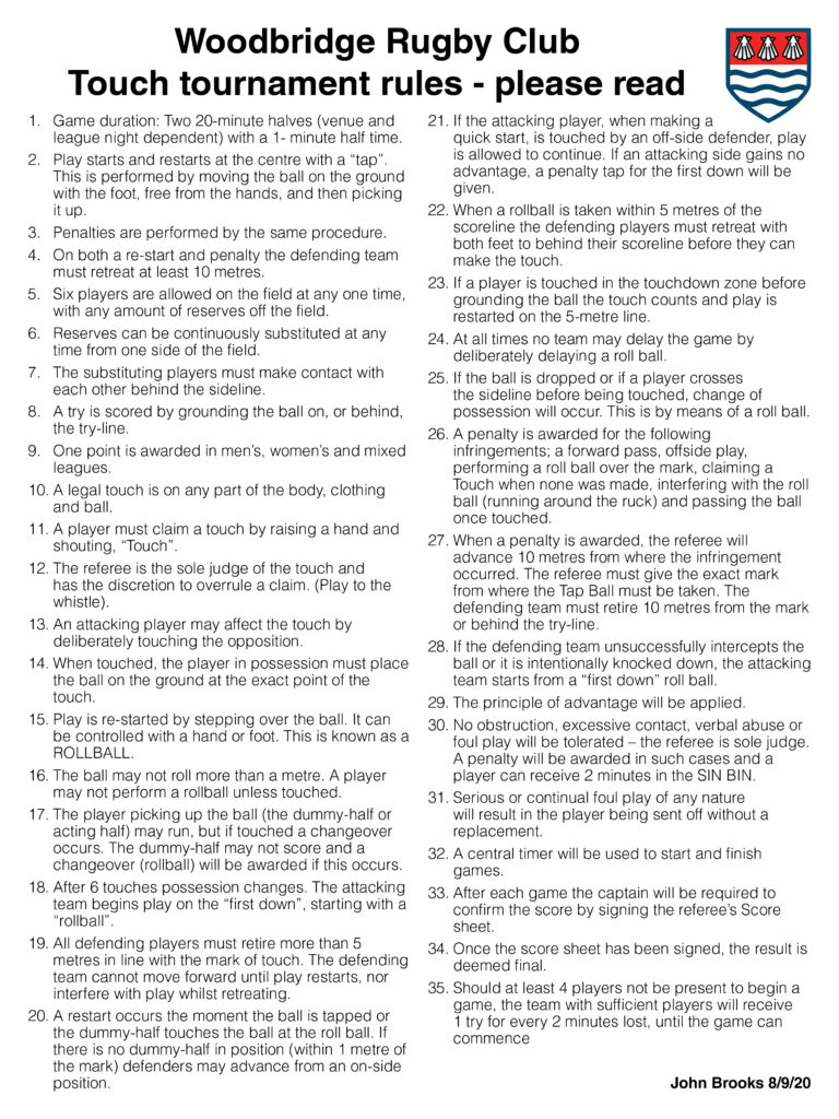 Mixed Touch Rugby Tournament Sat 12 Sept - Woodbridge Rugby ...